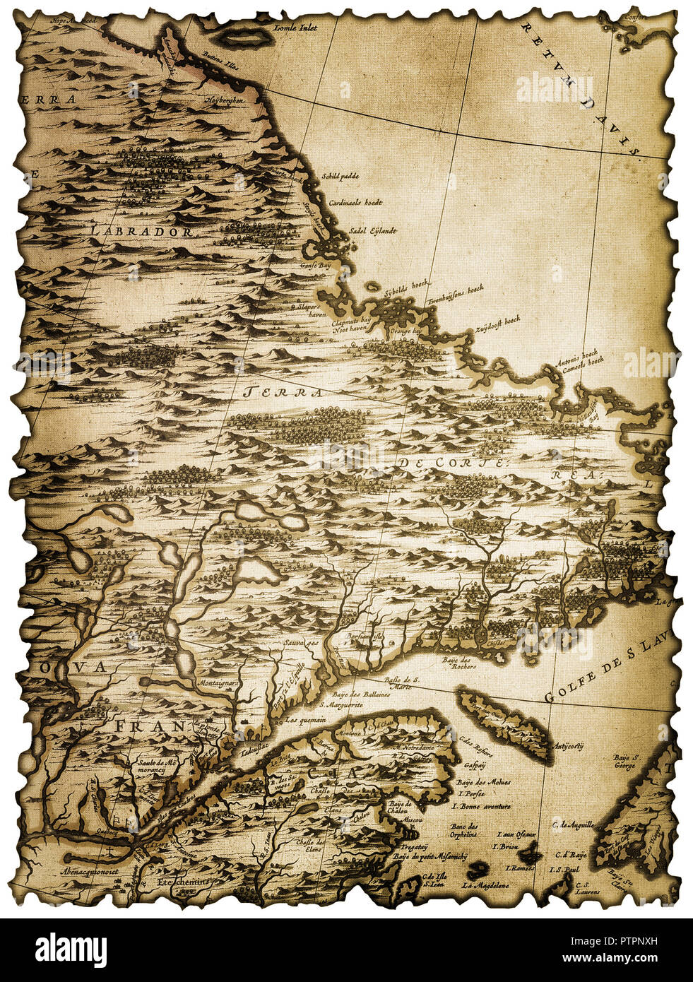 Yellowed and stained piece of old map on a white background, isolated ...