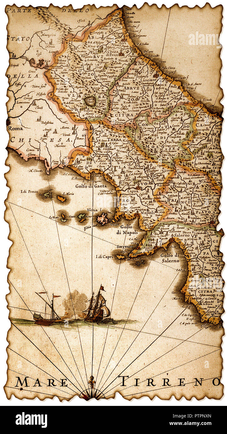 Yellowed and stained piece of old map on a white background, isolated ...