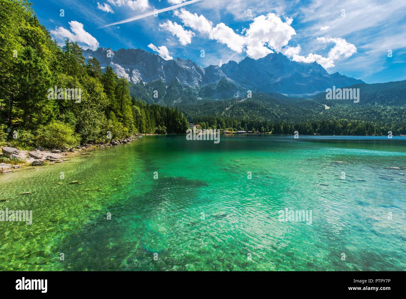 Bavarian Lake Eibsee, Germany, Europe. Panoramic Photo. Scenic Mountain ...