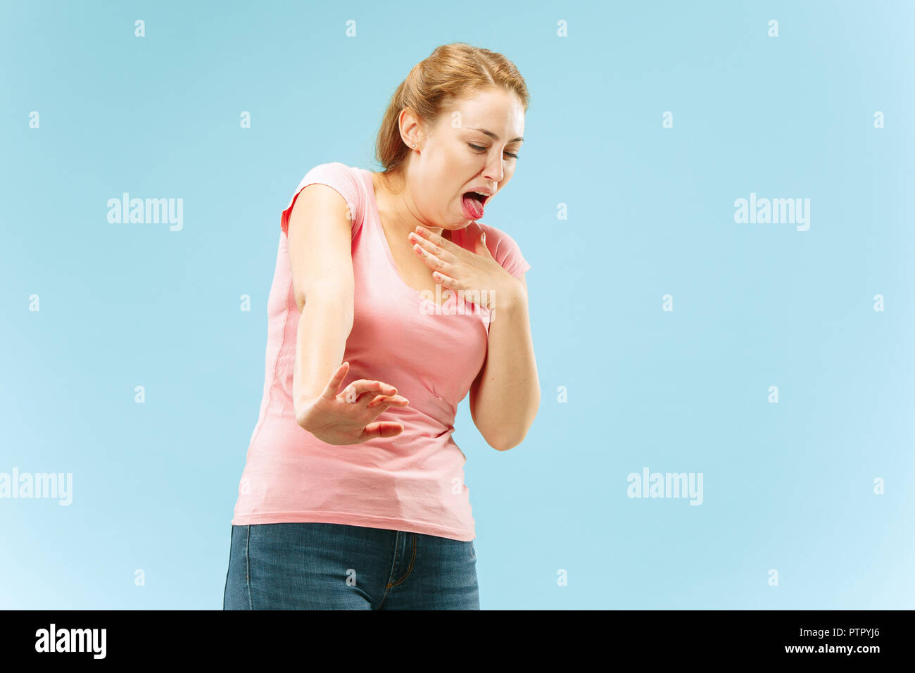 Reject, rejection, doubt concept. Doubtful woman with thoughtful ...