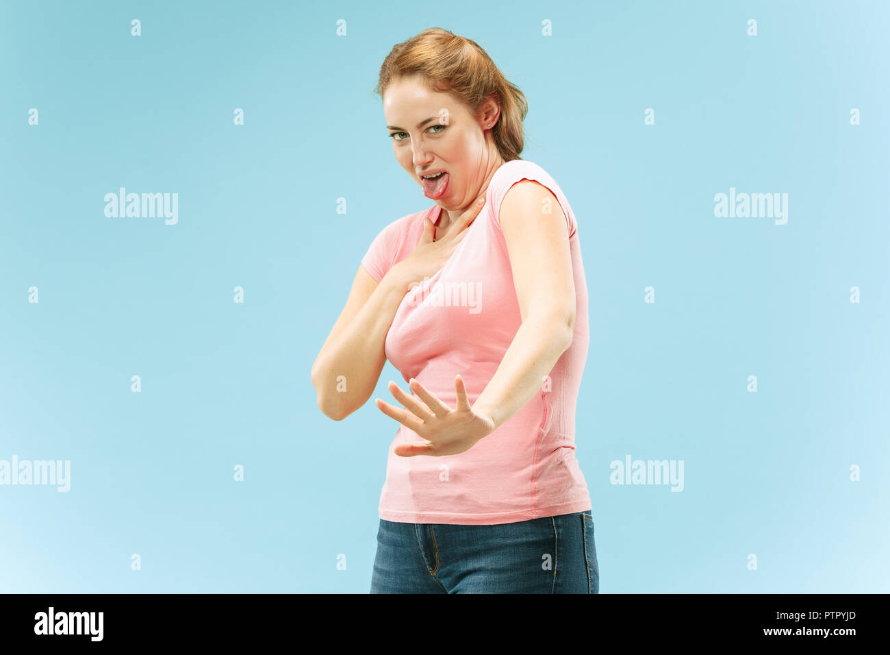 Reject, rejection, doubt concept. Doubtful woman with thoughtful ...