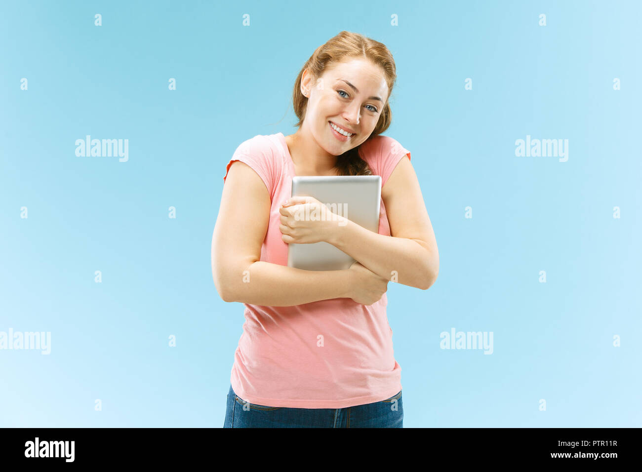 Businesswoman hugging laptop. Love to computer concept. Attractive ...