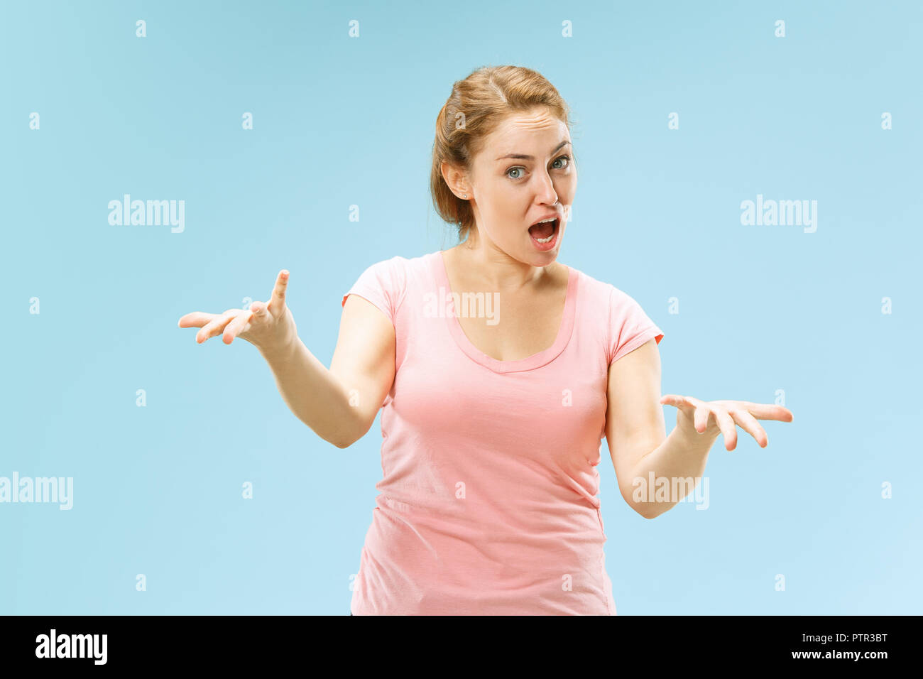 Argue, arguing concept. Beautiful female half-length portrait isolated ...