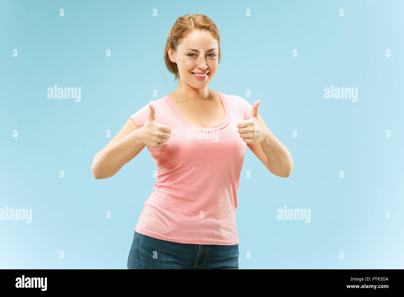 I am ok. Happy business woman, sign ok, smiling, isolated on trendy ...