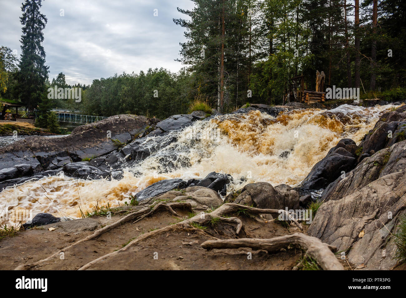 Ruskeala waterfalls. Water comes down a strong current. Waterfalls of ...