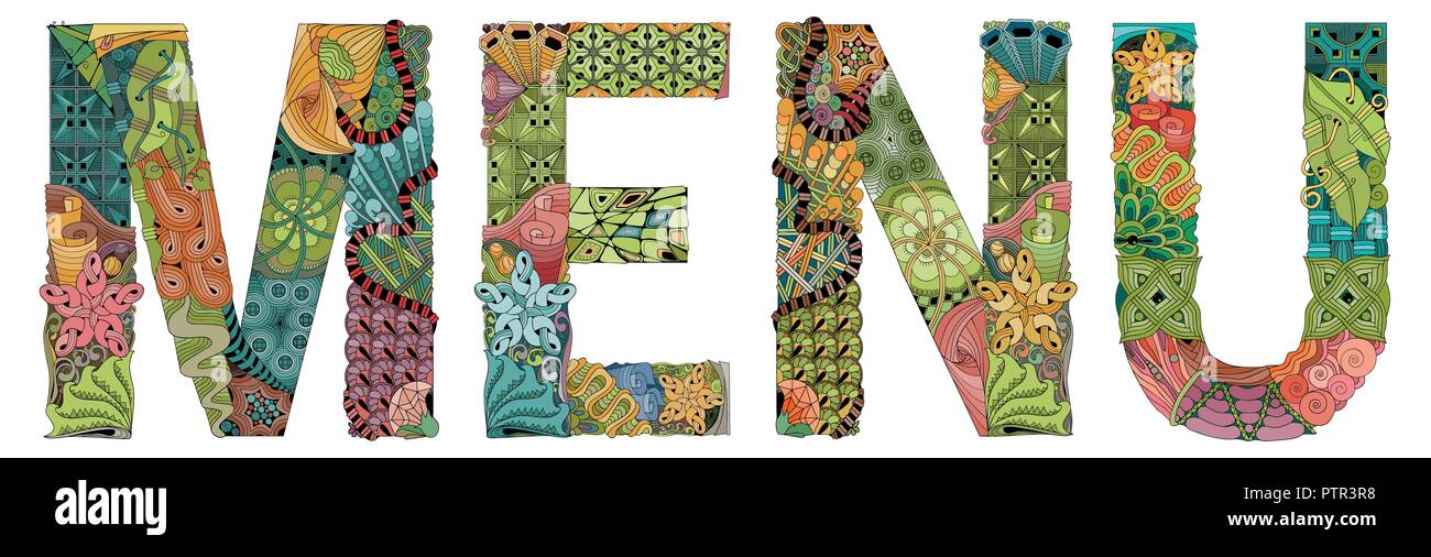 Word MENU. Vector decorative zentangle object for decoration Stock ...