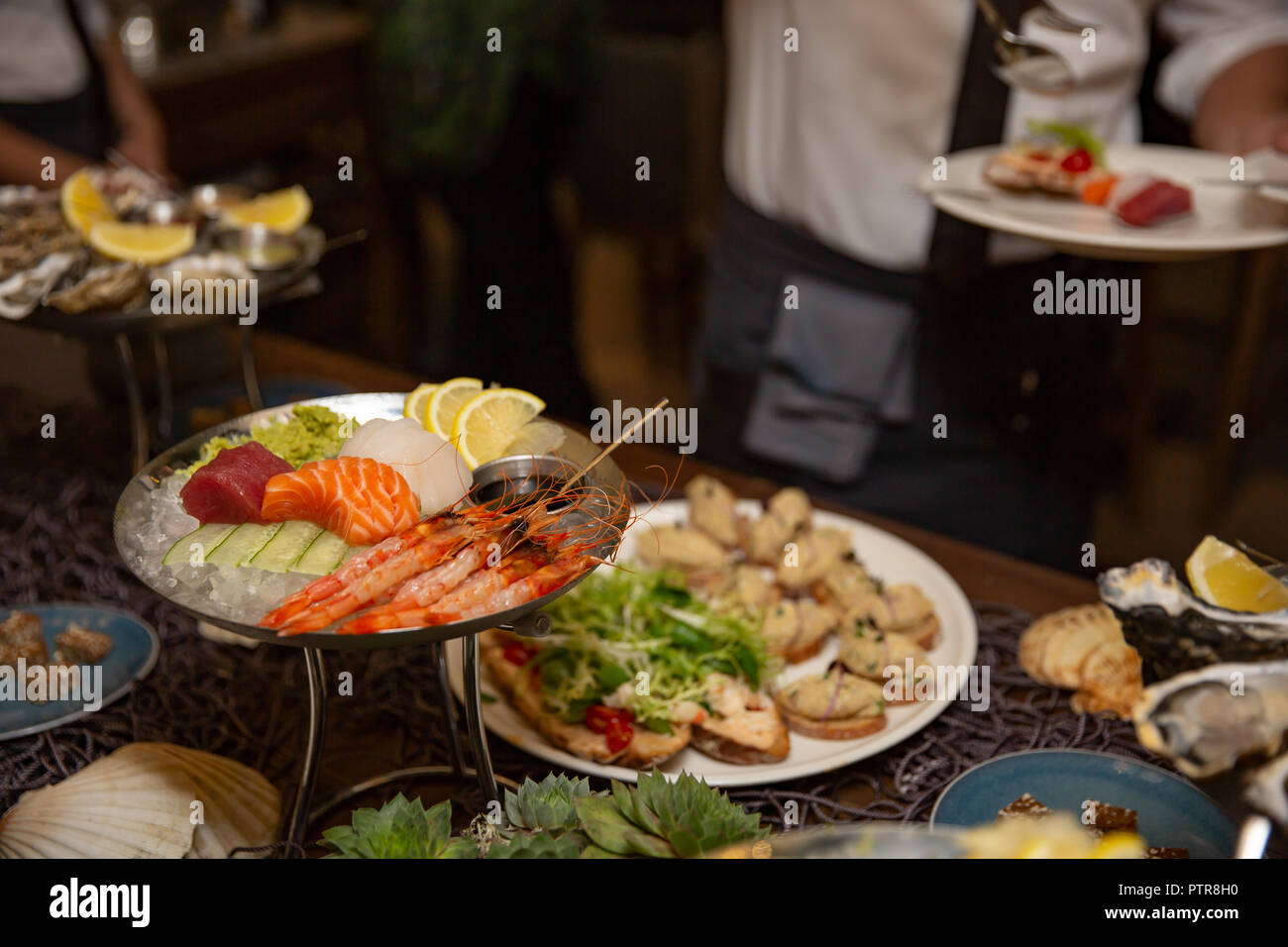 Close up of fresh mediterranean seafood on ice. buffet restaurant Stock ...