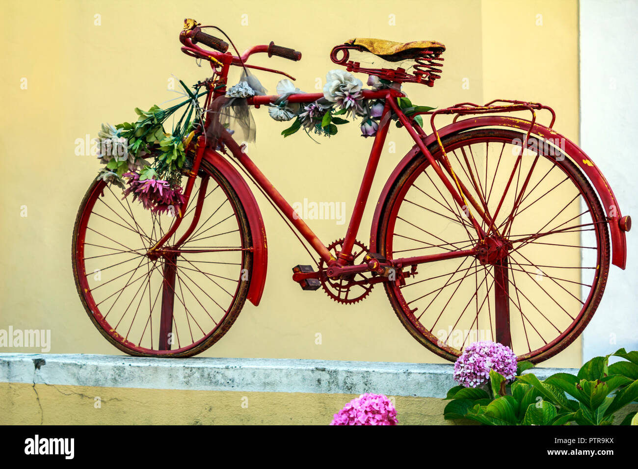 Red bike with flowers Stock Photo - Alamy