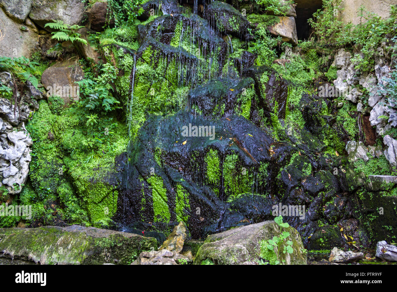 Water falling on a rock wall Stock Photo - Alamy