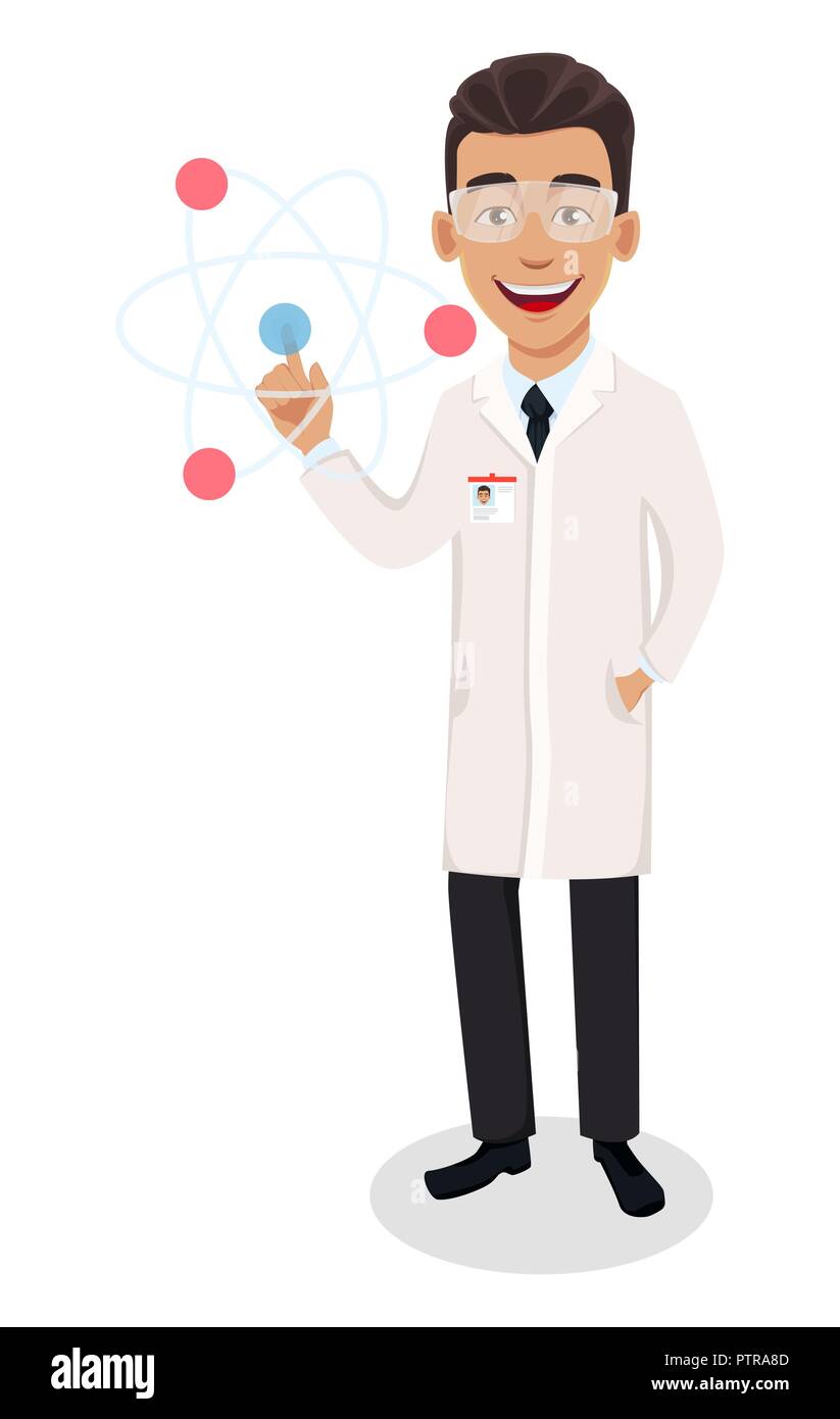 Scientist man. Handsome cartoon character showing model of atom. Vector ...