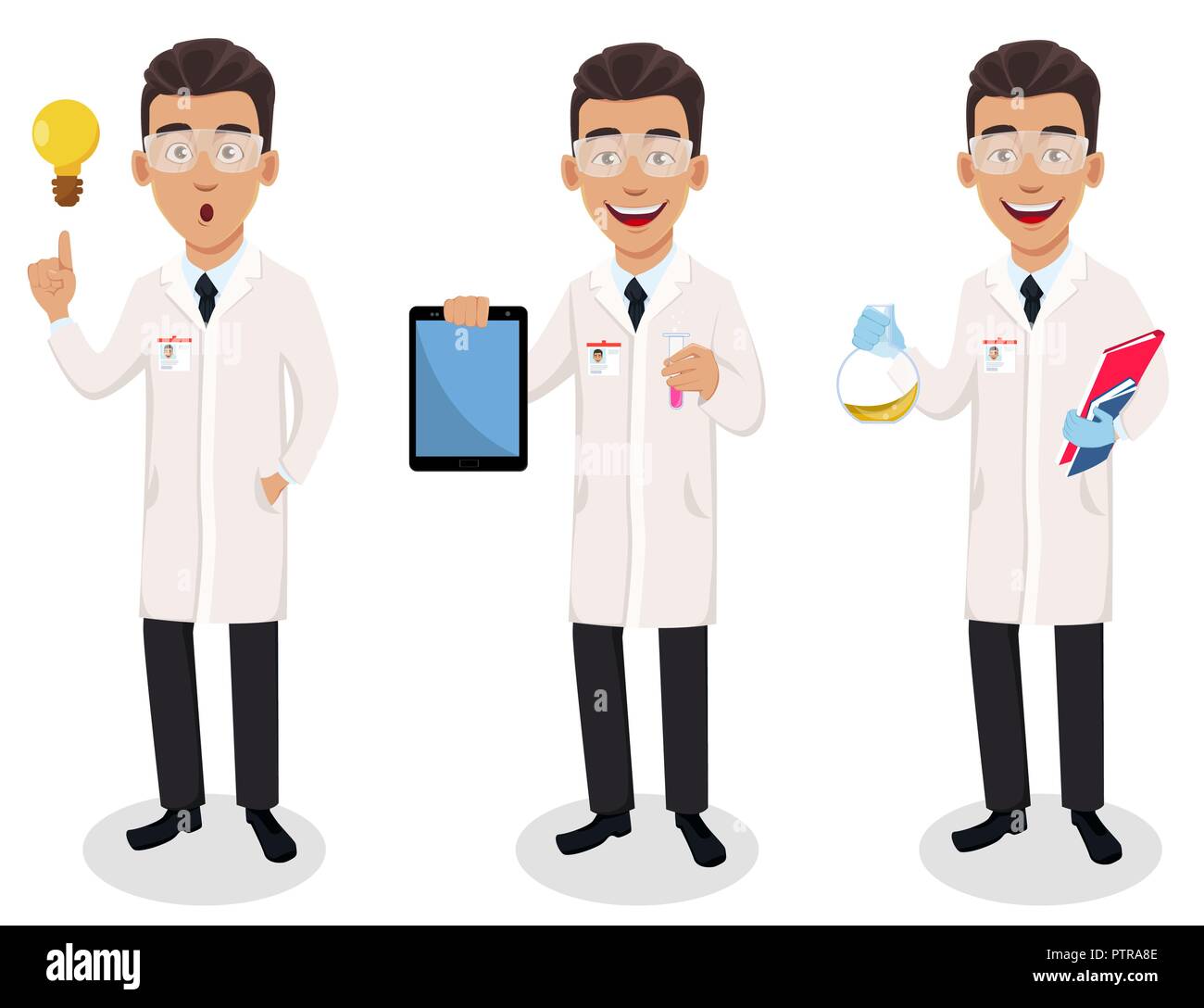 Scientist man, set of three poses. Handsome cartoon character having a ...