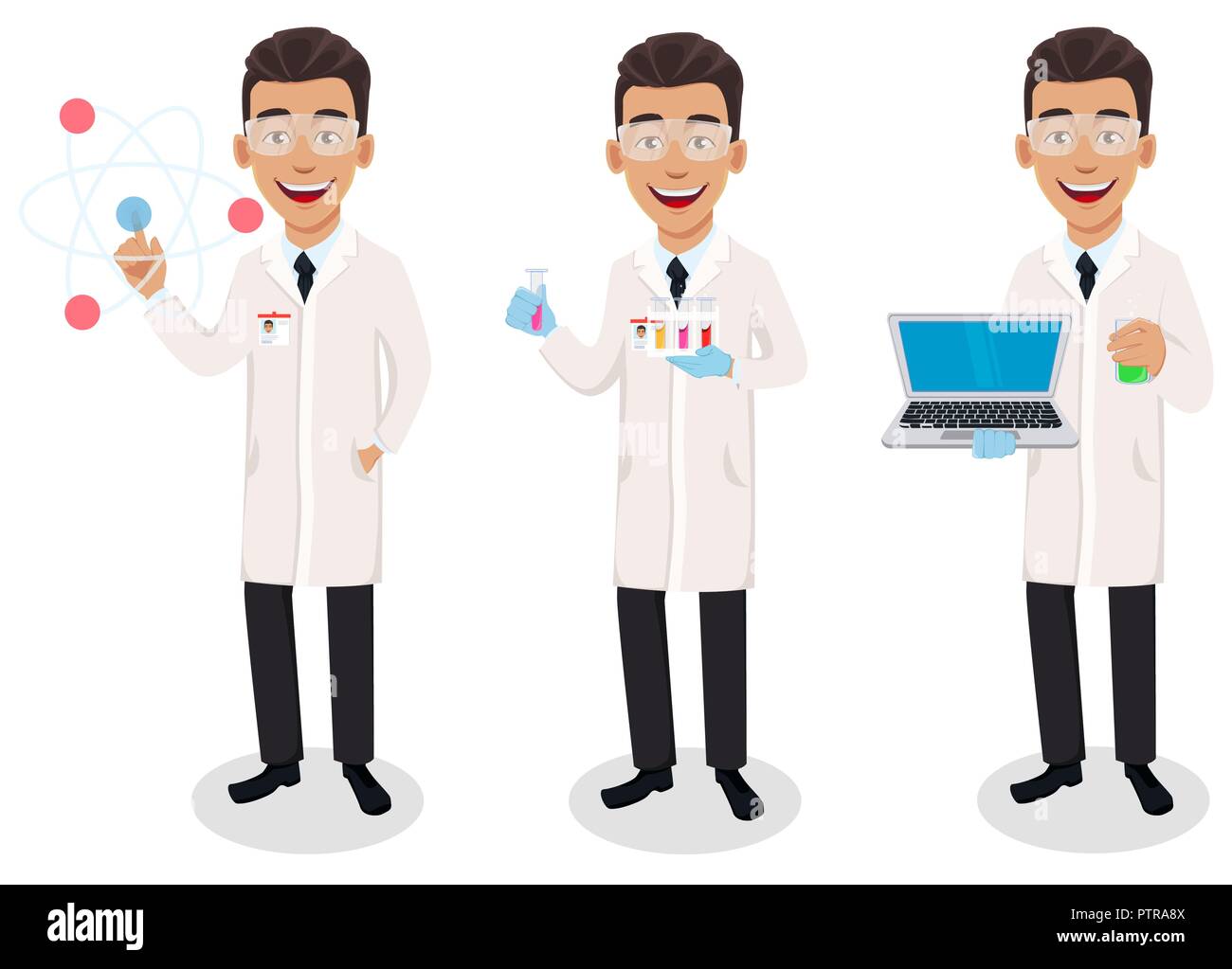 Scientist man, set of three poses. Handsome cartoon character showing ...