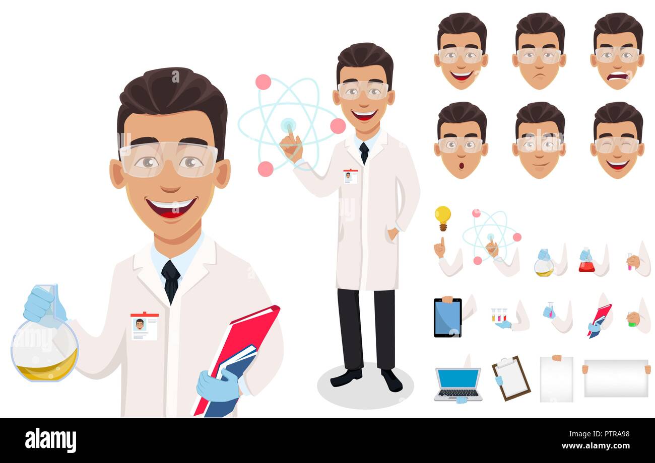 Scientist man. Handsome cartoon character creation set, pack of body parts, emotions and things ...