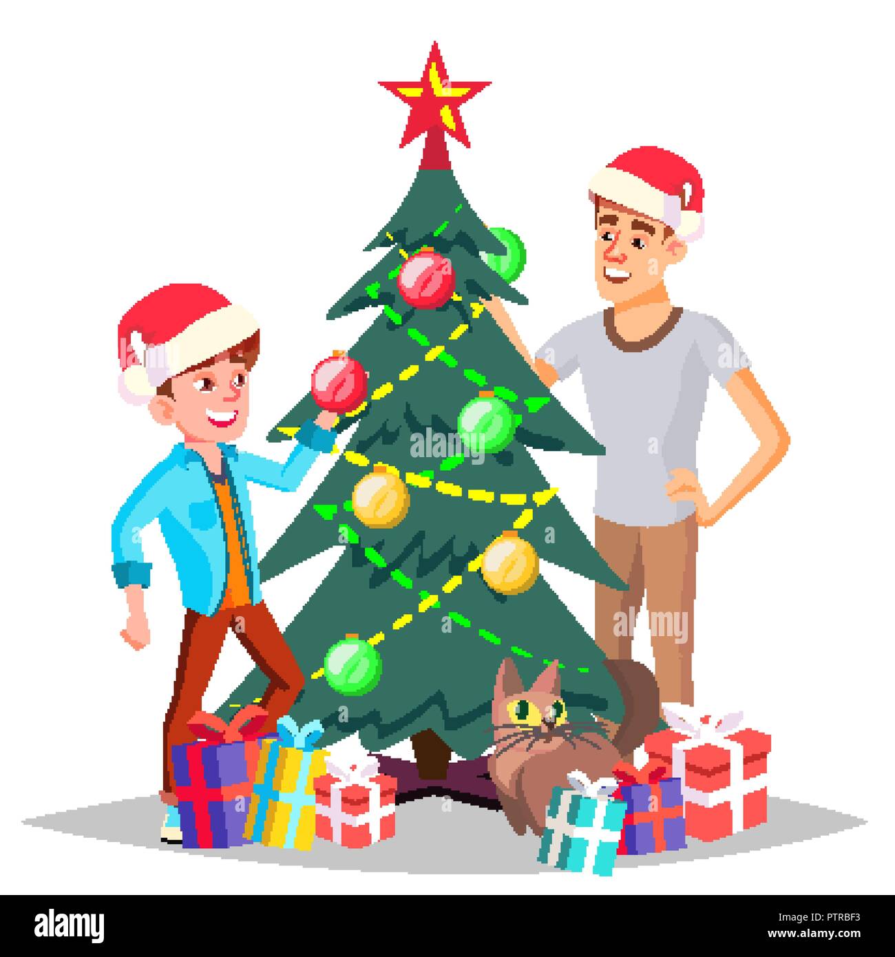 Father With Son Decorating A Christmas Tree Vector. Isolated ...