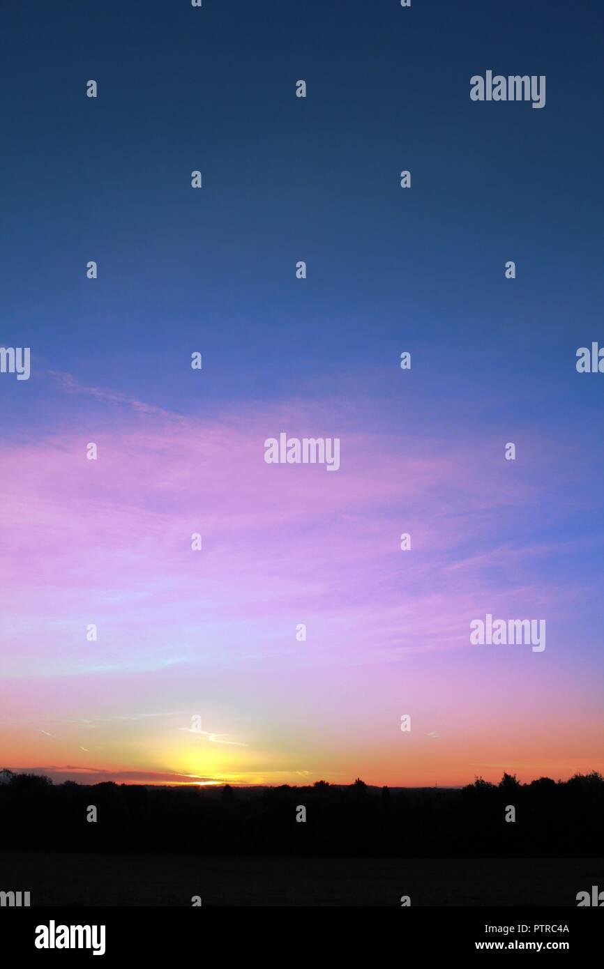 Sun Rising over silhouetted tree lined horizon Stock Photo - Alamy