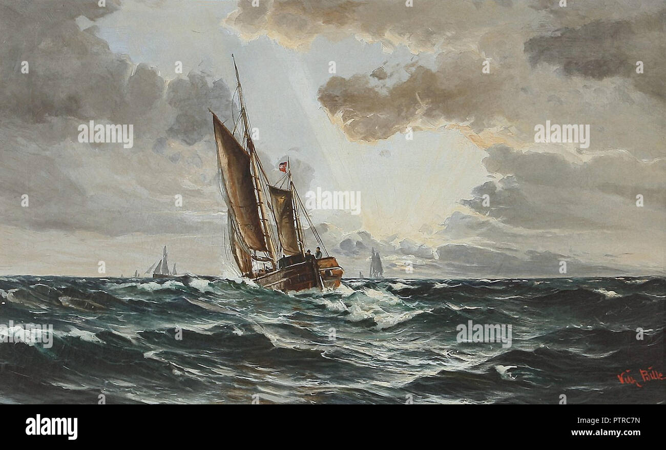 Bille Vilhelm - Seascape with Several Ships on Open Sea at Sunset Stock ...
