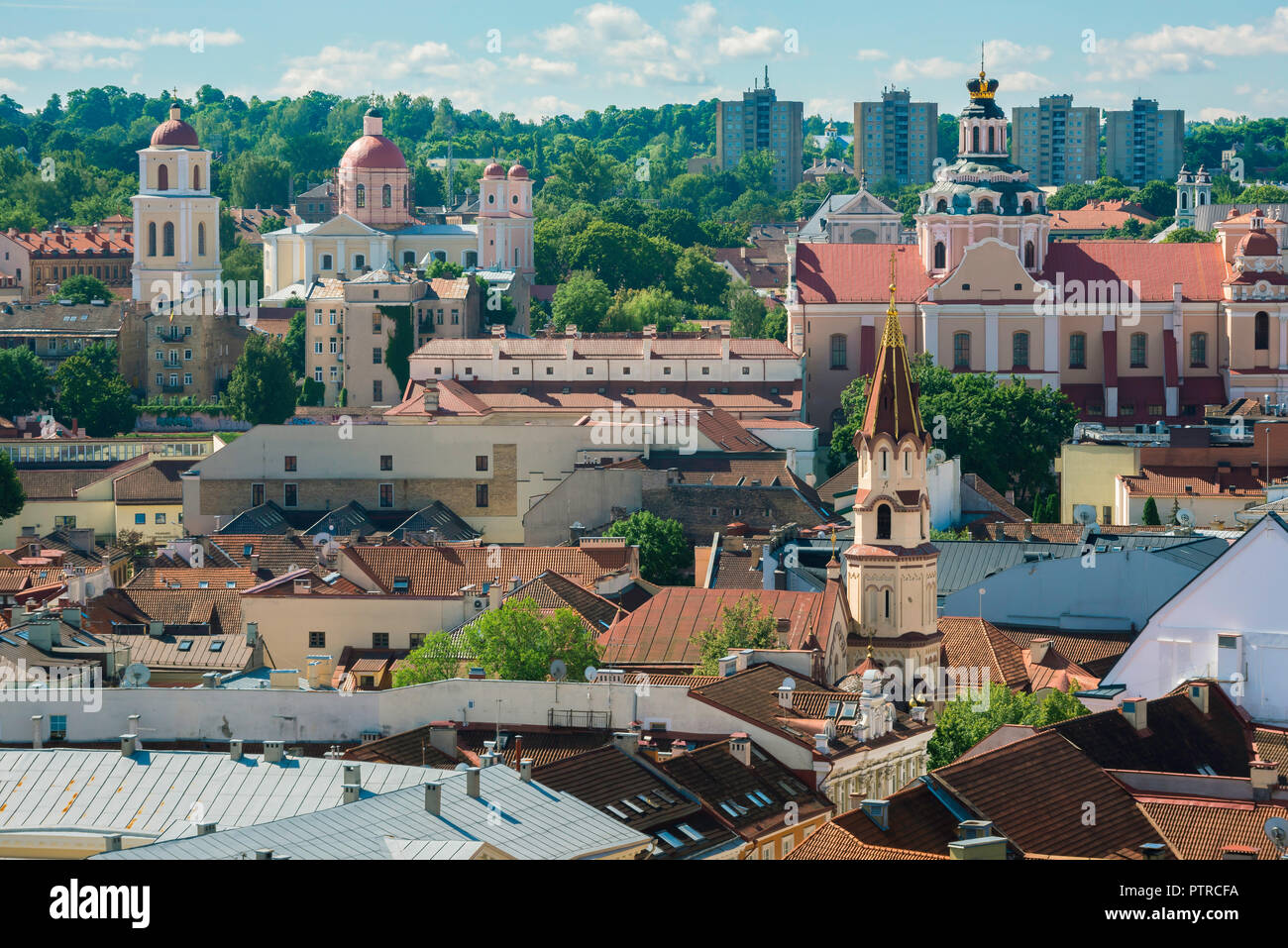 Vilnius cityscape, view across the roofs of the historical old town ...