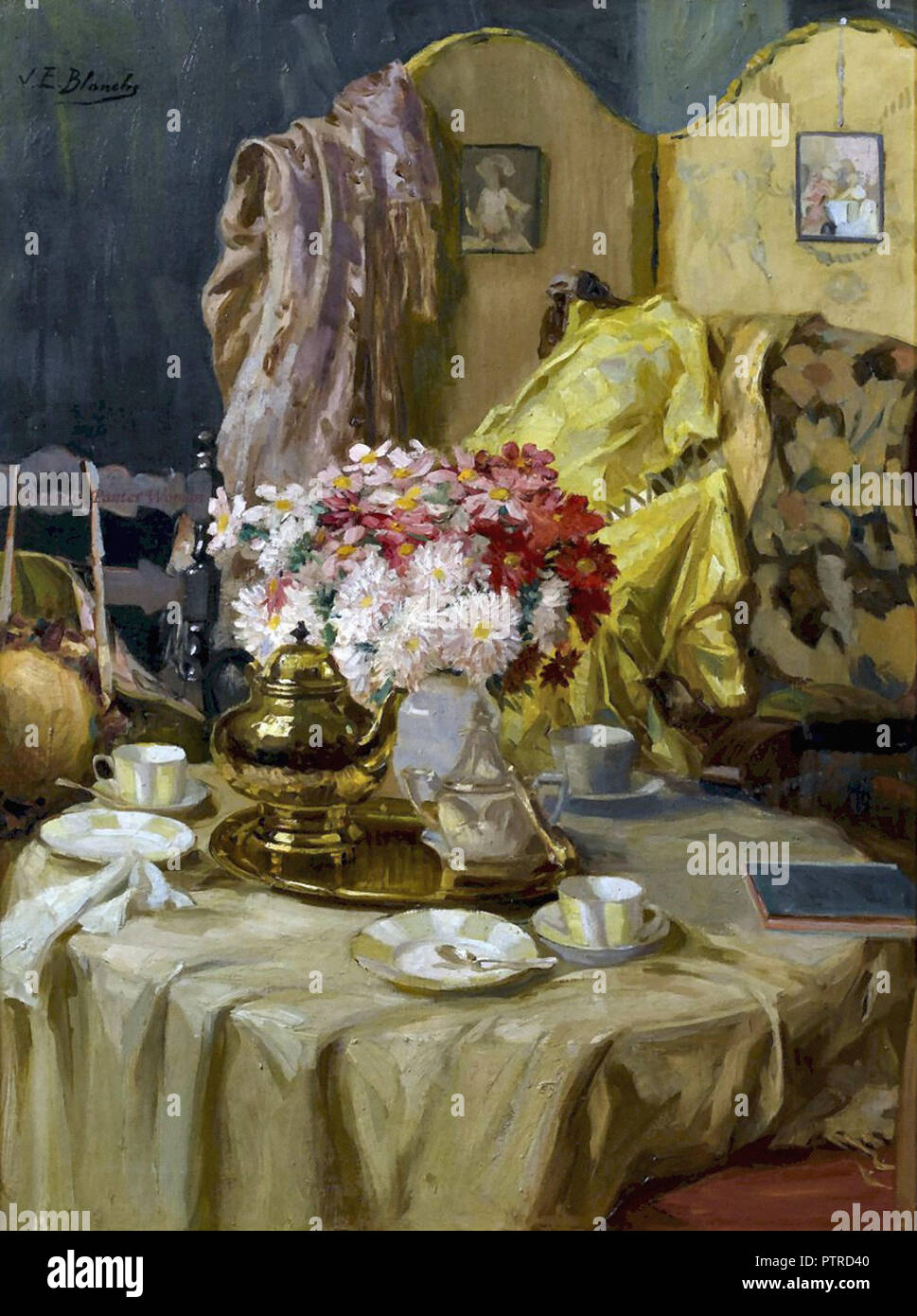 Blanche Jacques Emile - Interior with Flowers and Tea Set Stock Photo ...
