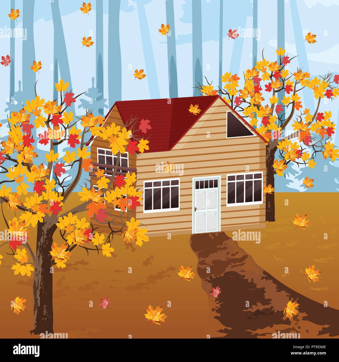 Wood house Vector autumn background illustration. Fall season Stock ...