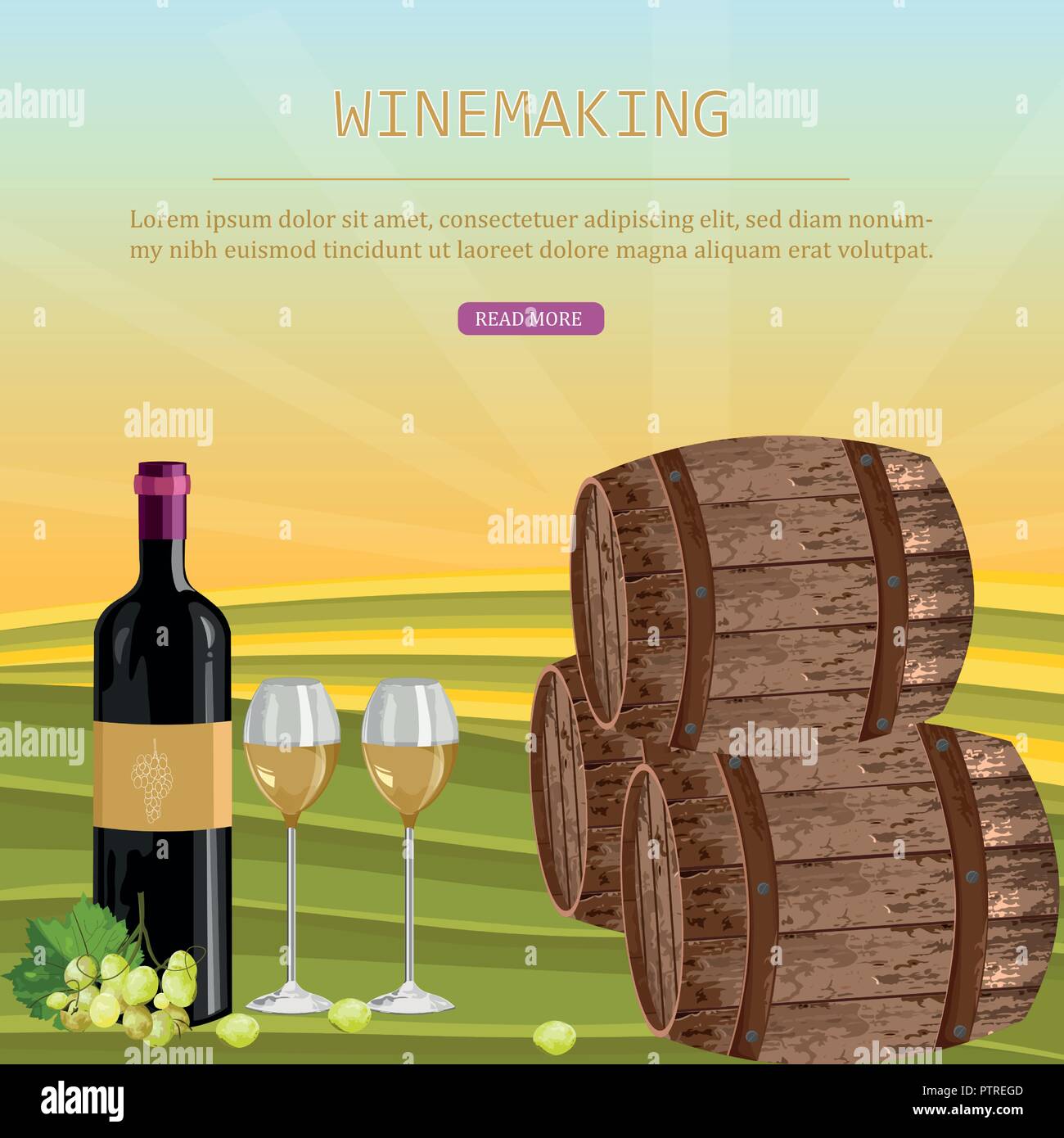 Wine card with barrels and bottle Vector. Vineyard background Stock ...