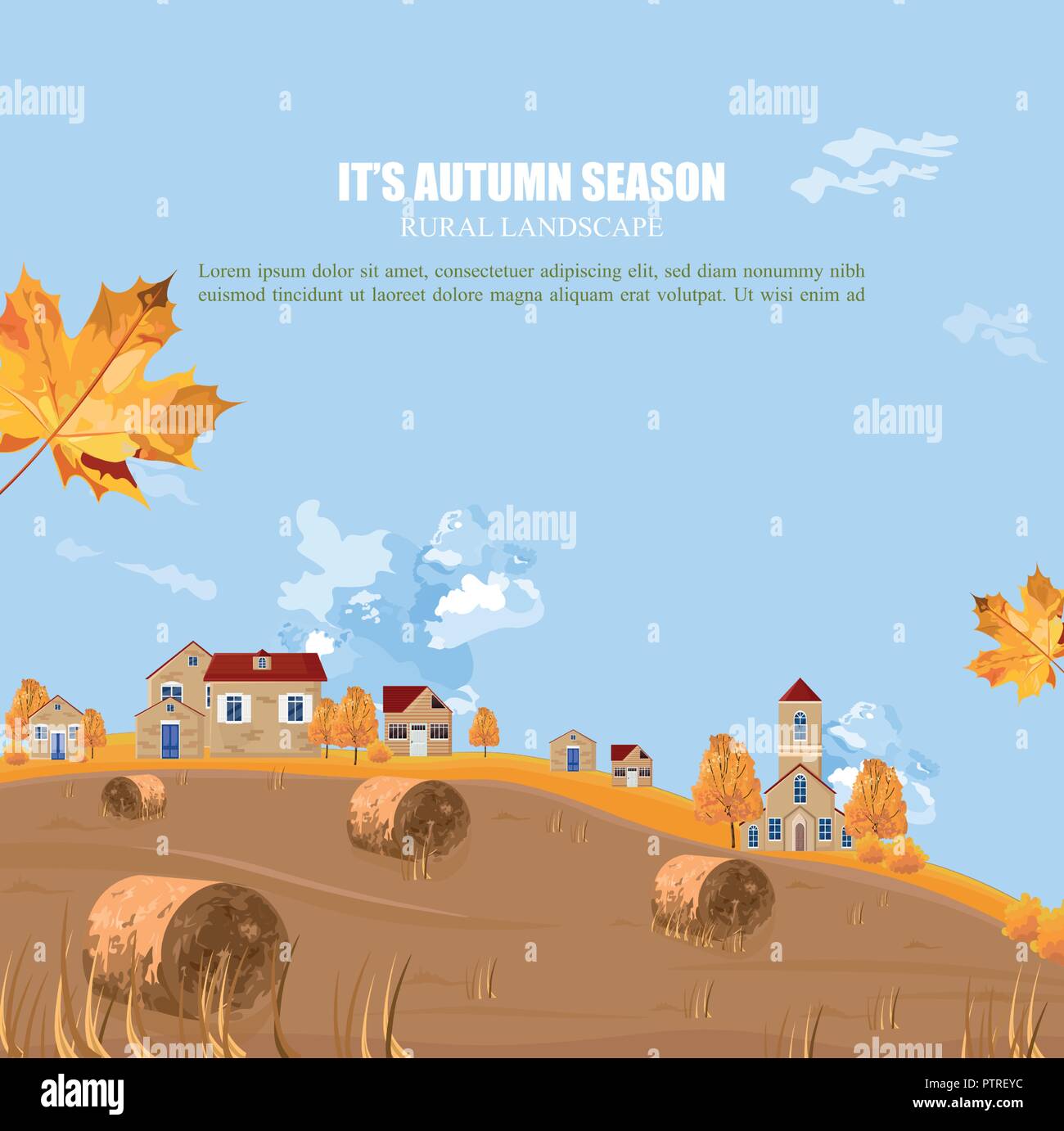 Old village fall season Vector background. Autumn vintage illustration ...