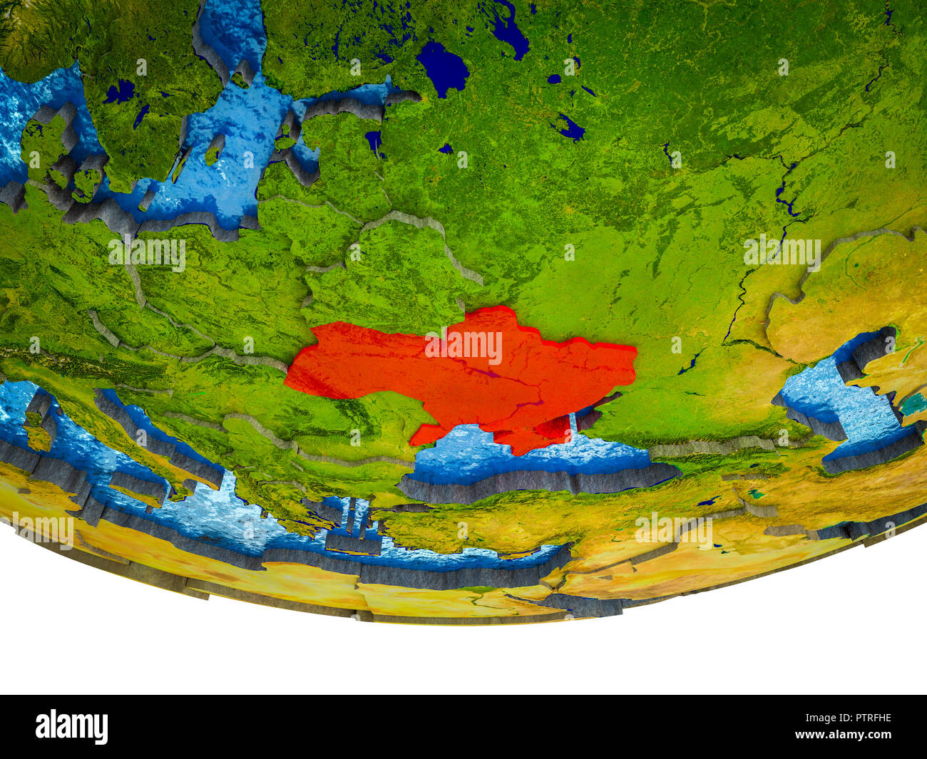 Ukraine on 3D Earth with divided countries and watery oceans. 3D ...