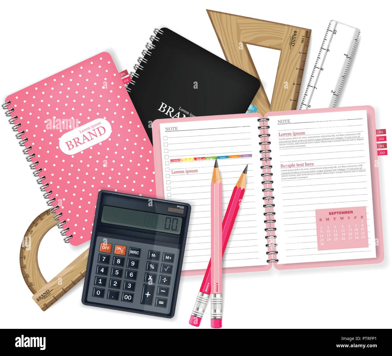 School supplies Vector realistic. Calculator, note book, rulers and pen ...