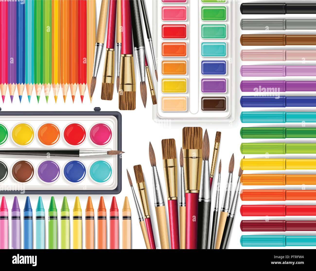 Drawing tools Vector realistic top view. Brush, watercolor palette ...