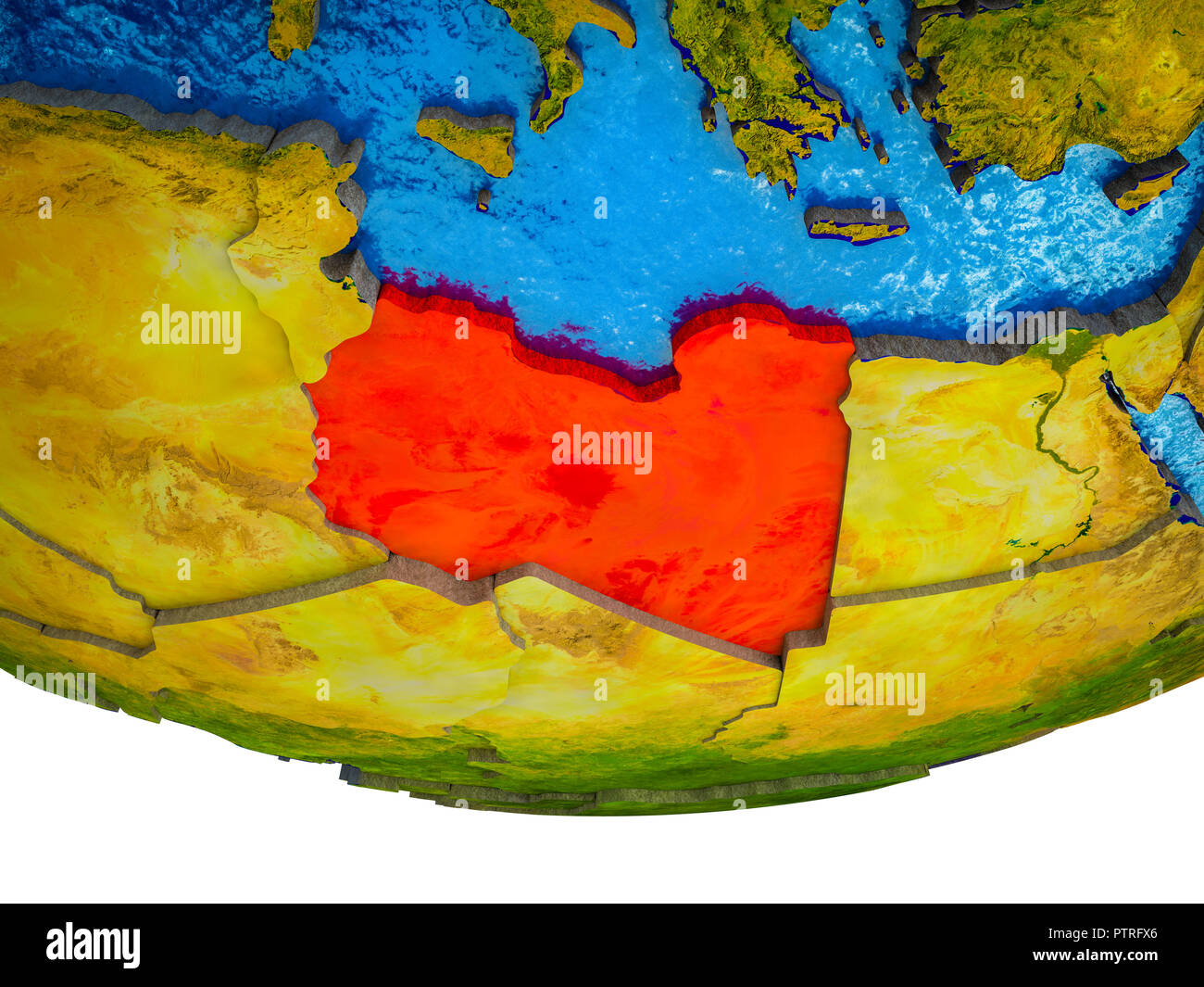 Libya on 3D Earth with divided countries and watery oceans. 3D ...