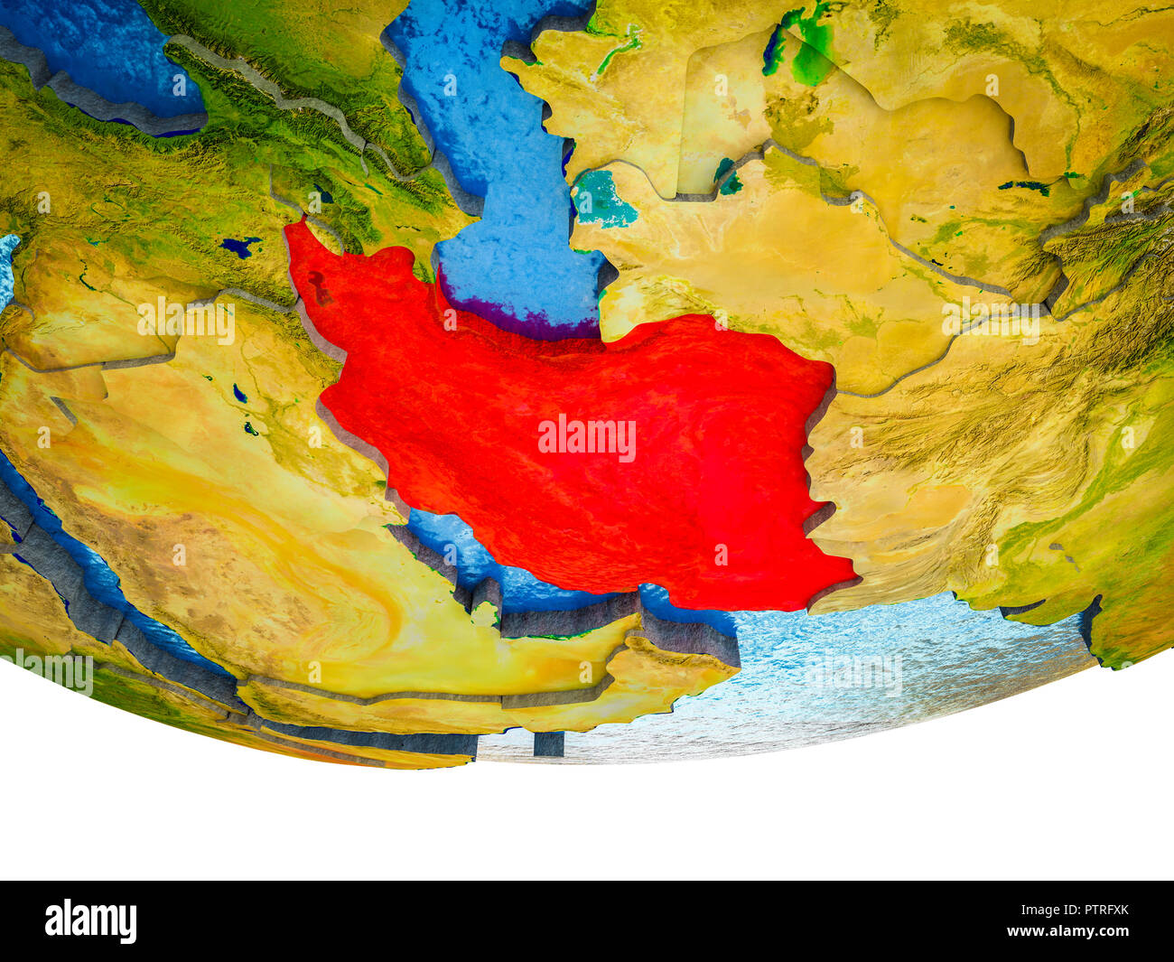 Iran on 3D Earth with divided countries and watery oceans. 3D ...