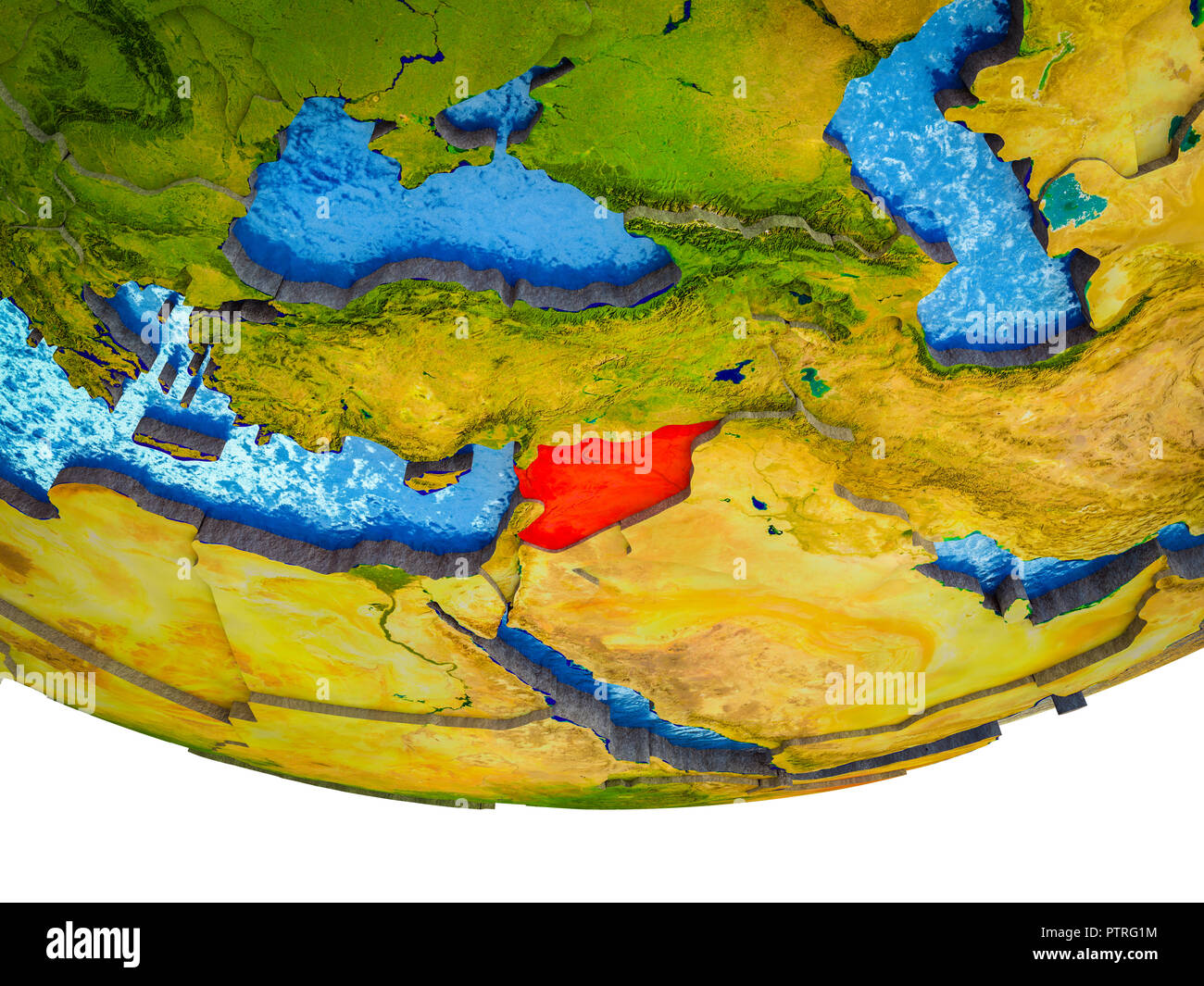 Syria on 3D Earth with divided countries and watery oceans. 3D ...