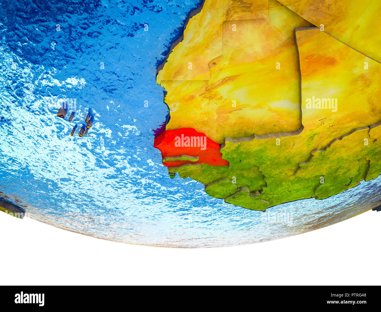 Senegal on 3D Earth with divided countries and watery oceans. 3D ...