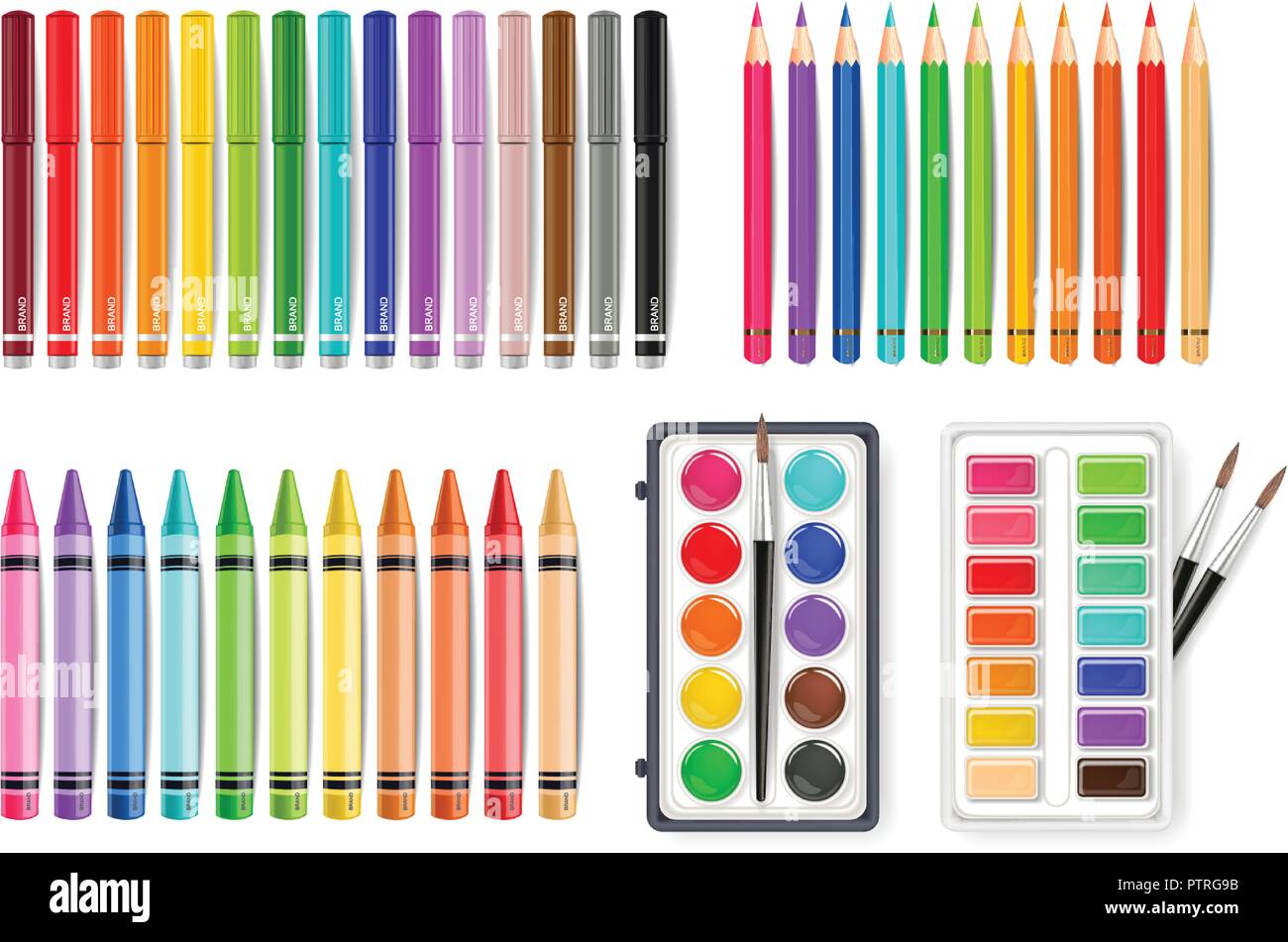 Colorful pen, marker and watercolor palette tools set Vector realistic ...