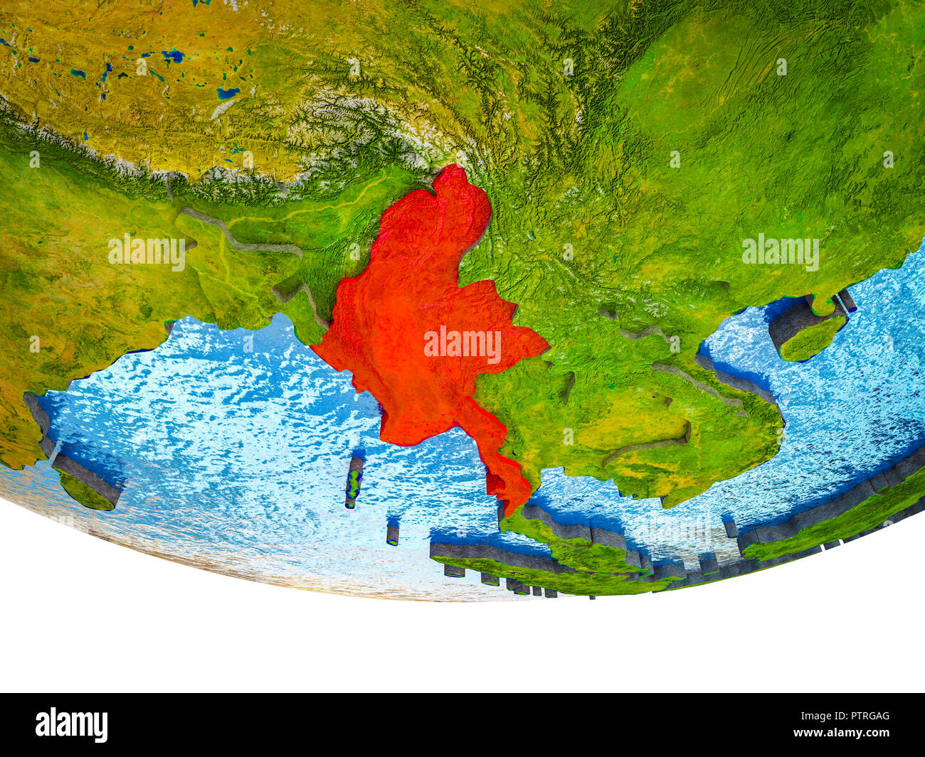 Myanmar on 3D Earth with divided countries and watery oceans. 3D ...