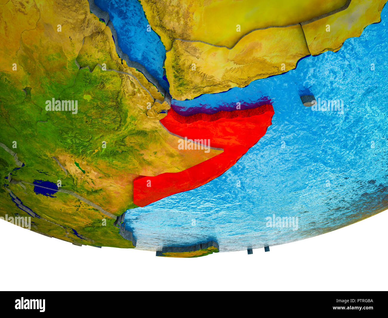 Somalia on 3D Earth with divided countries and watery oceans. 3D ...