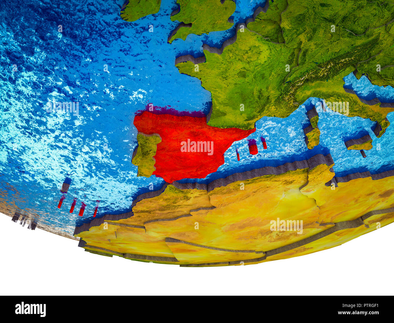 Spain on 3D Earth with divided countries and watery oceans. 3D ...