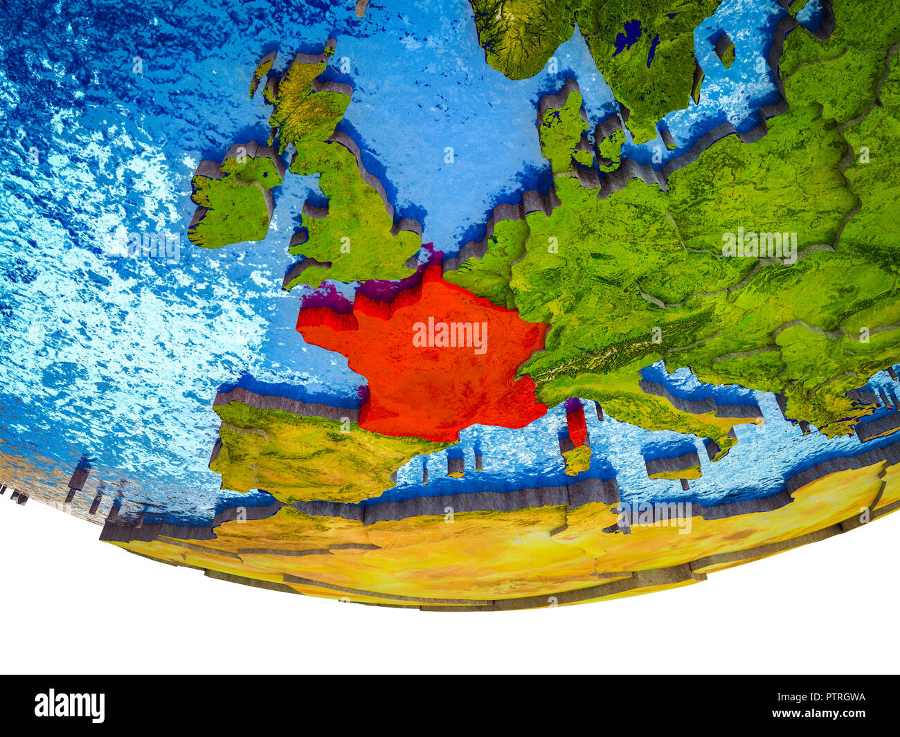 France on 3D Earth with divided countries and watery oceans. 3D ...