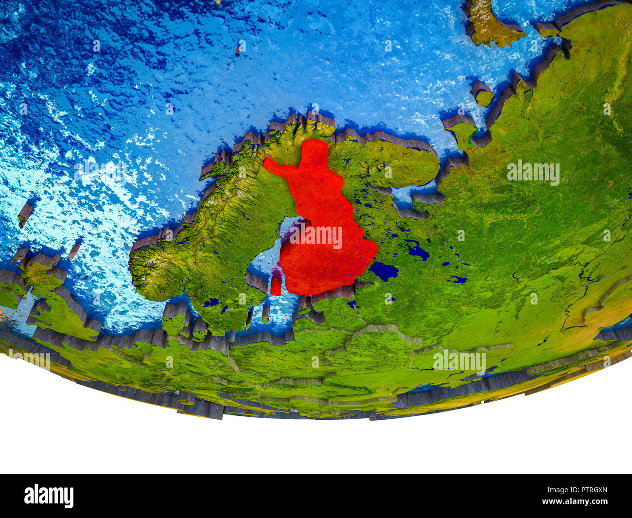 Finland on 3D Earth with divided countries and watery oceans. 3D ...