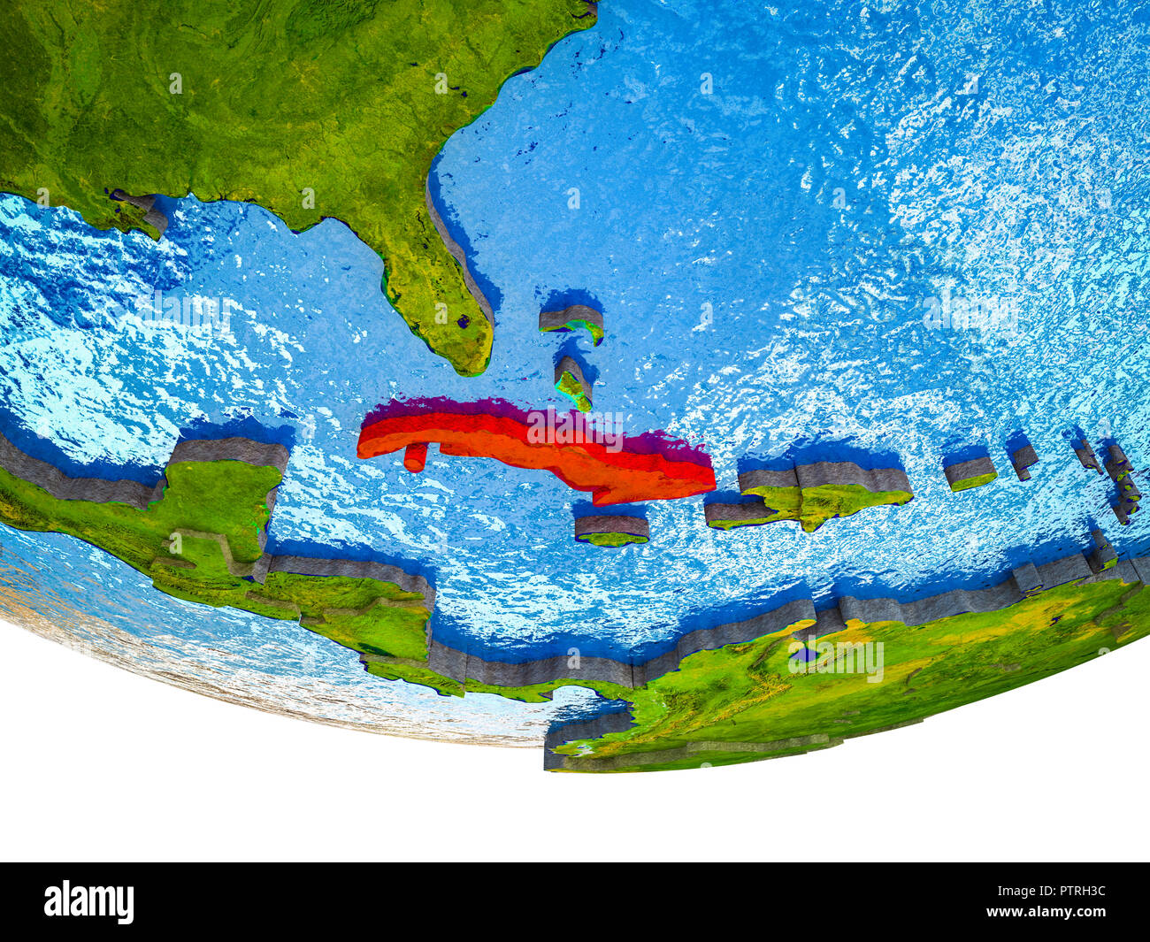 Cuba on 3D Earth with divided countries and watery oceans. 3D ...