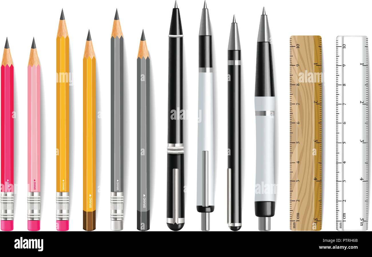Pen, pencil and ruler Vector realistic set. 3d detailed illustration ...