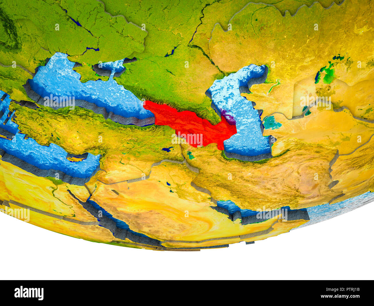 Caucasus region on 3D Earth with divided countries and watery oceans ...