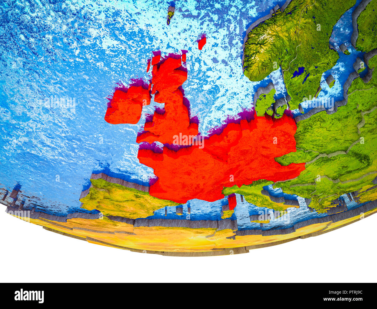 Western Europe on 3D Earth with divided countries and watery oceans. 3D ...