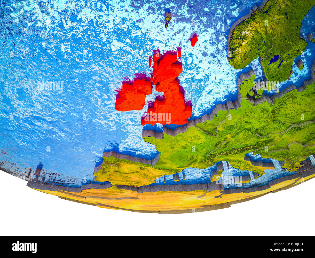 British Isles on 3D Earth with divided countries and watery oceans. 3D ...