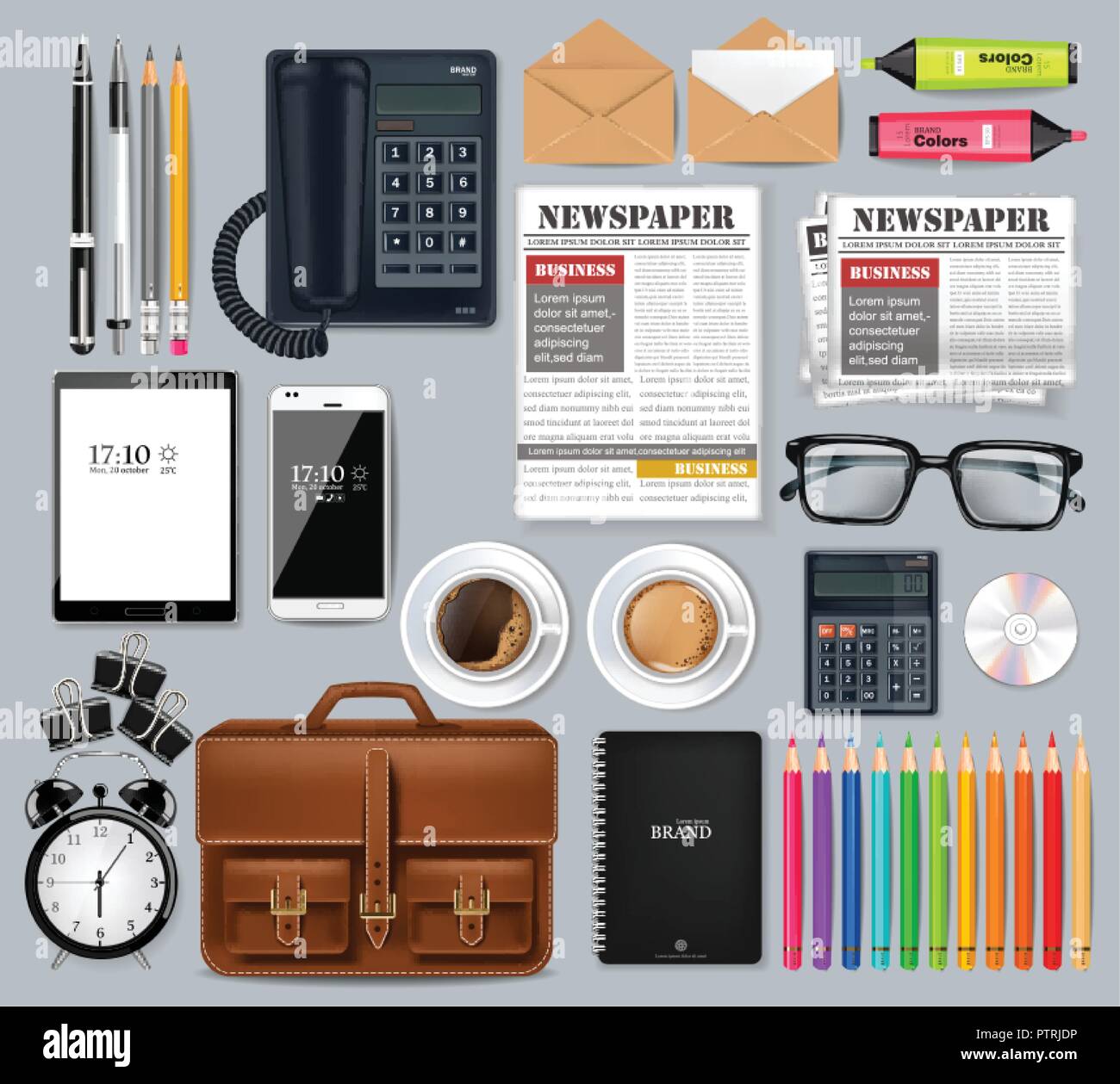 Great business office set collection Vector realistic. Glasses, bag ...