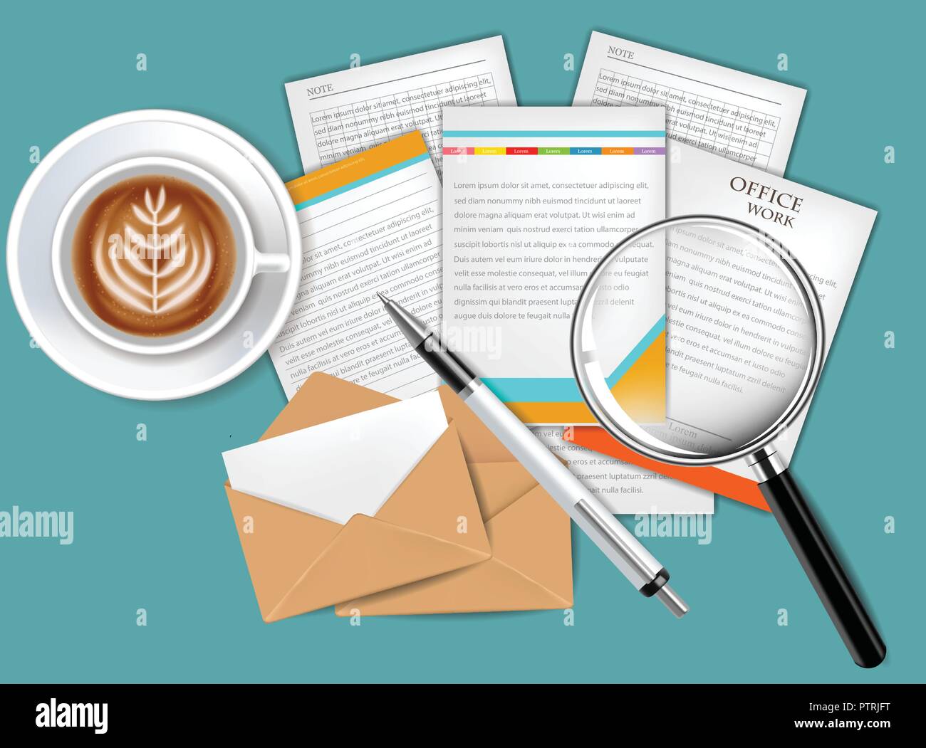 Coffee and documents Vector realistic set. Mail, papers, pencils 3d ...