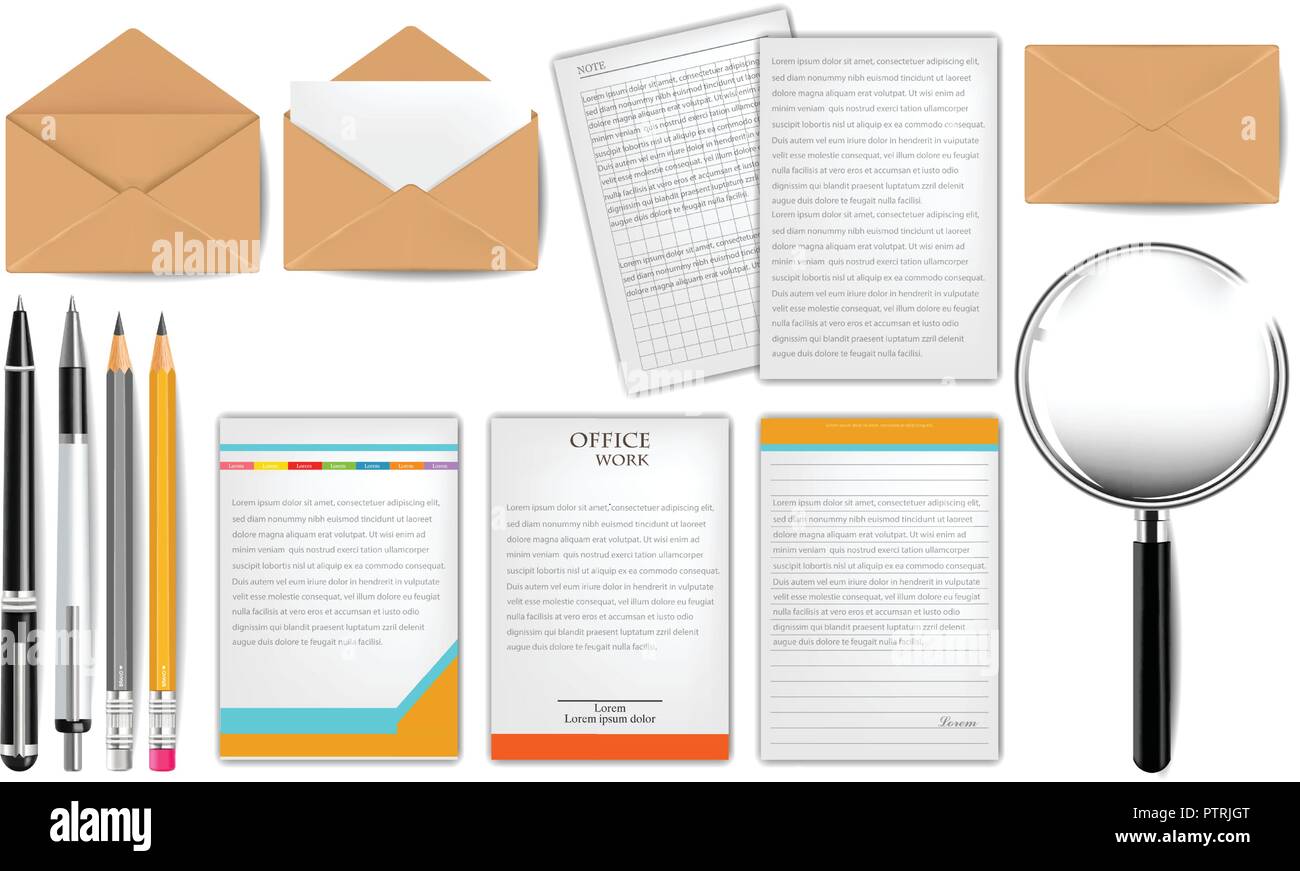 Documents Vector realistic set. Mail, papers, pencils 3d detailed ...
