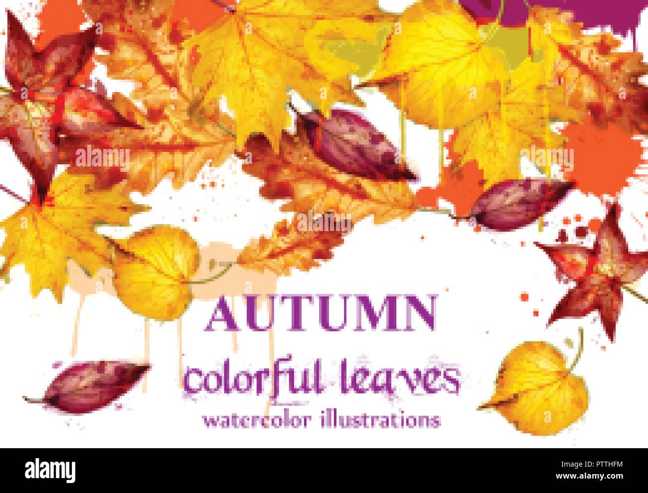 Autumn leaves watercolor Vector decor background. Fall banner template ...
