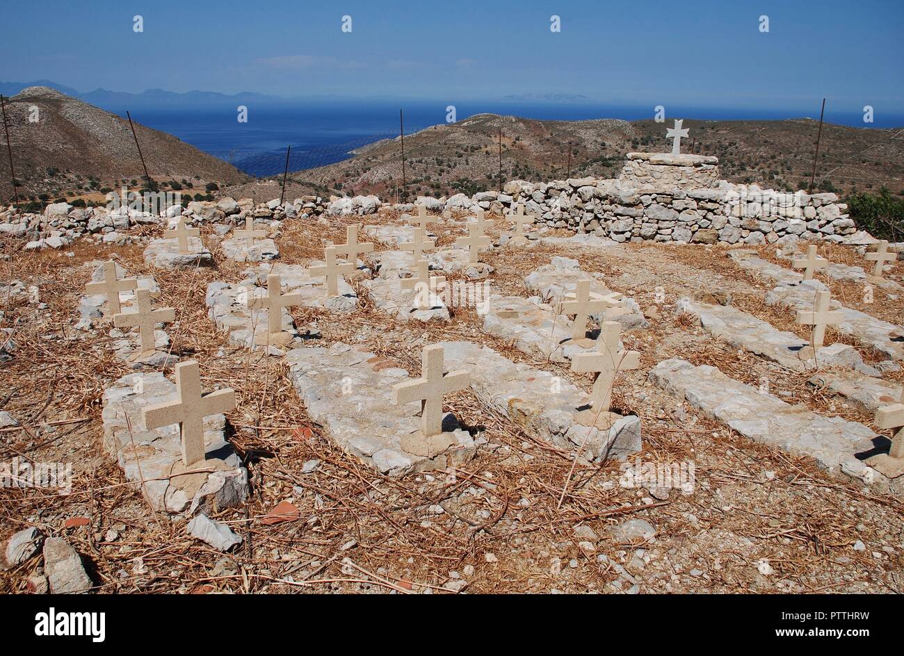 The old cemetery in the abandoned village of Mikro Chorio on the Greek ...