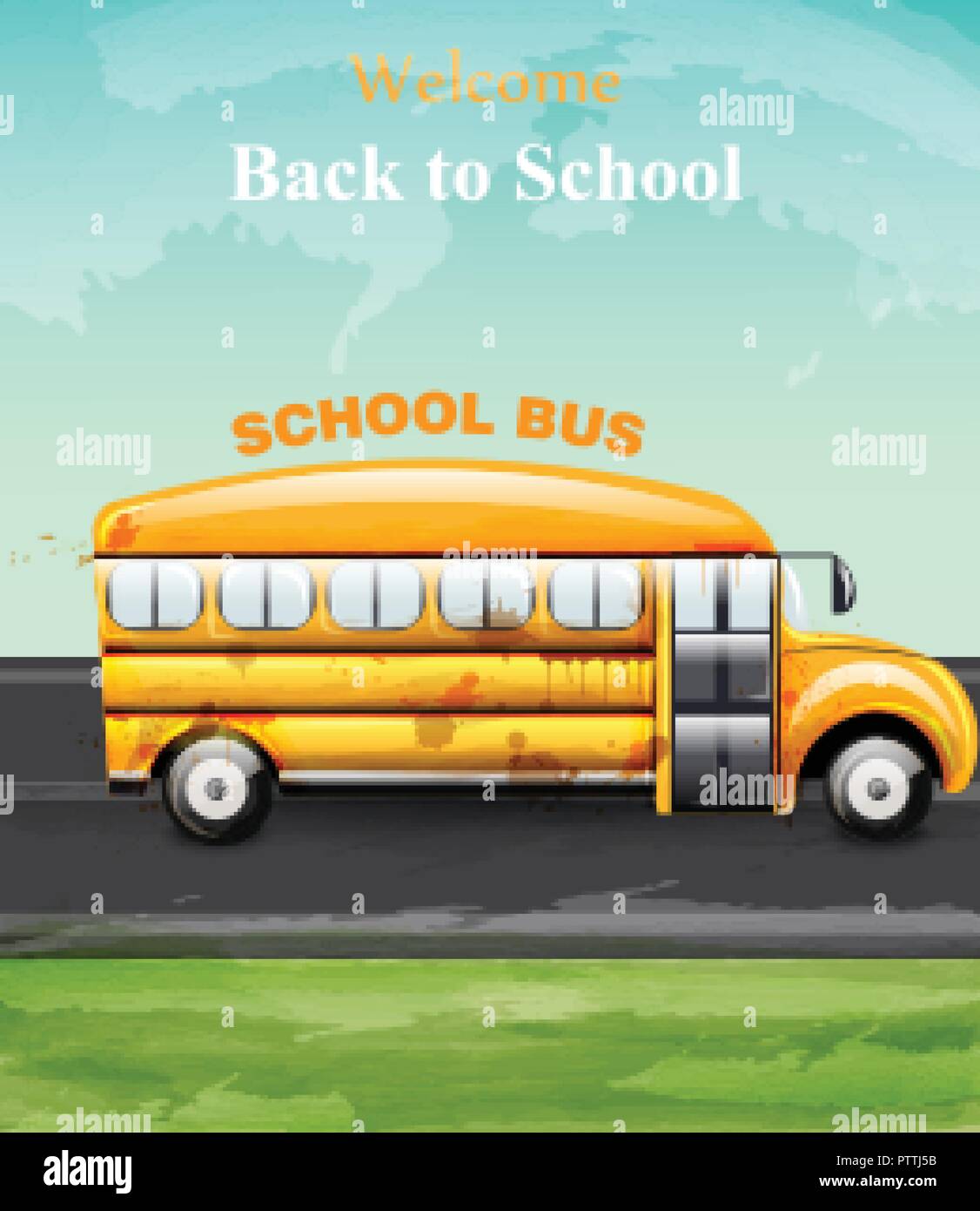 Back to school watercolor card Vector. Yellow bus and leaves. Math ...