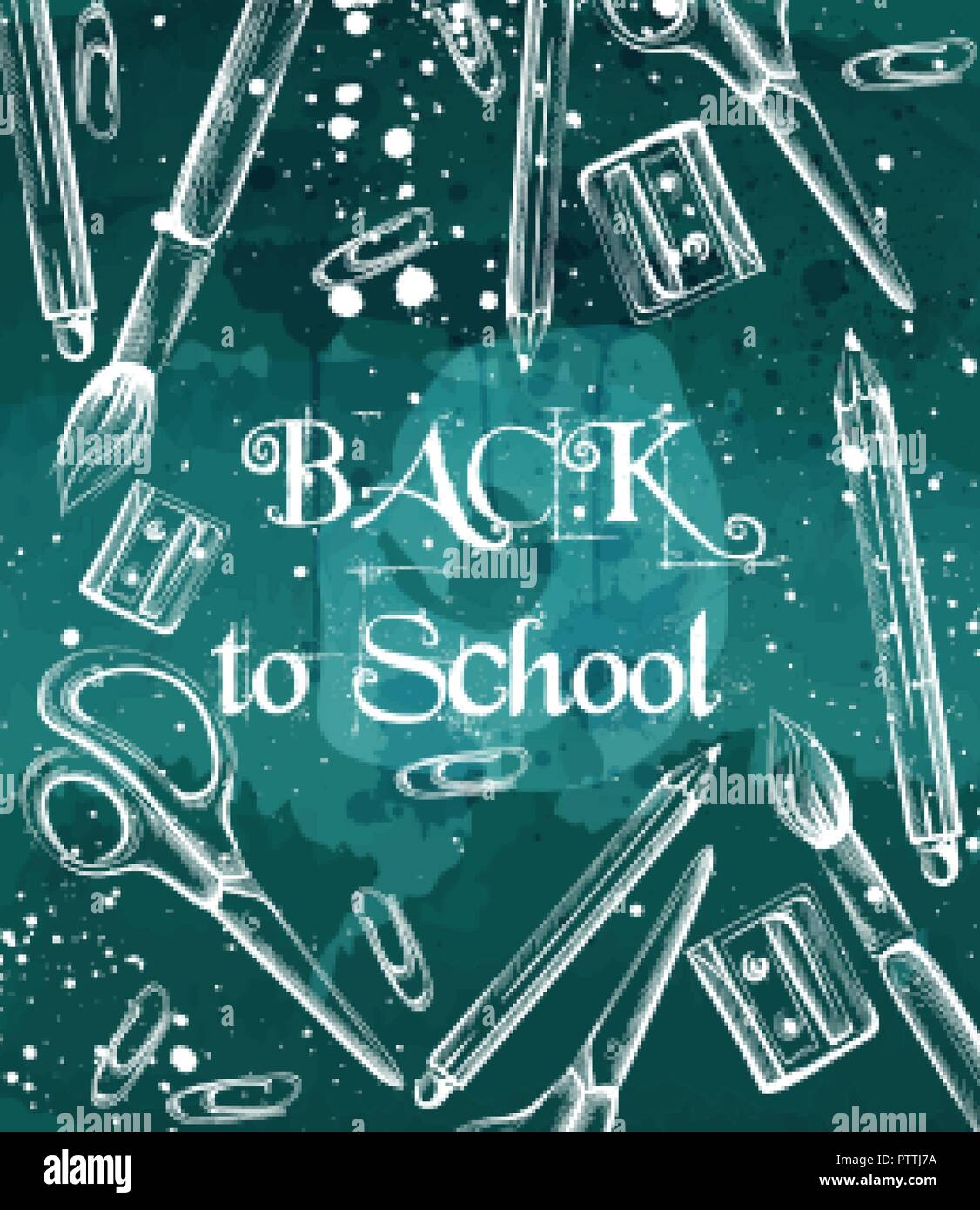 Back to school background with brushes, crayons and scissors drawn on a ...